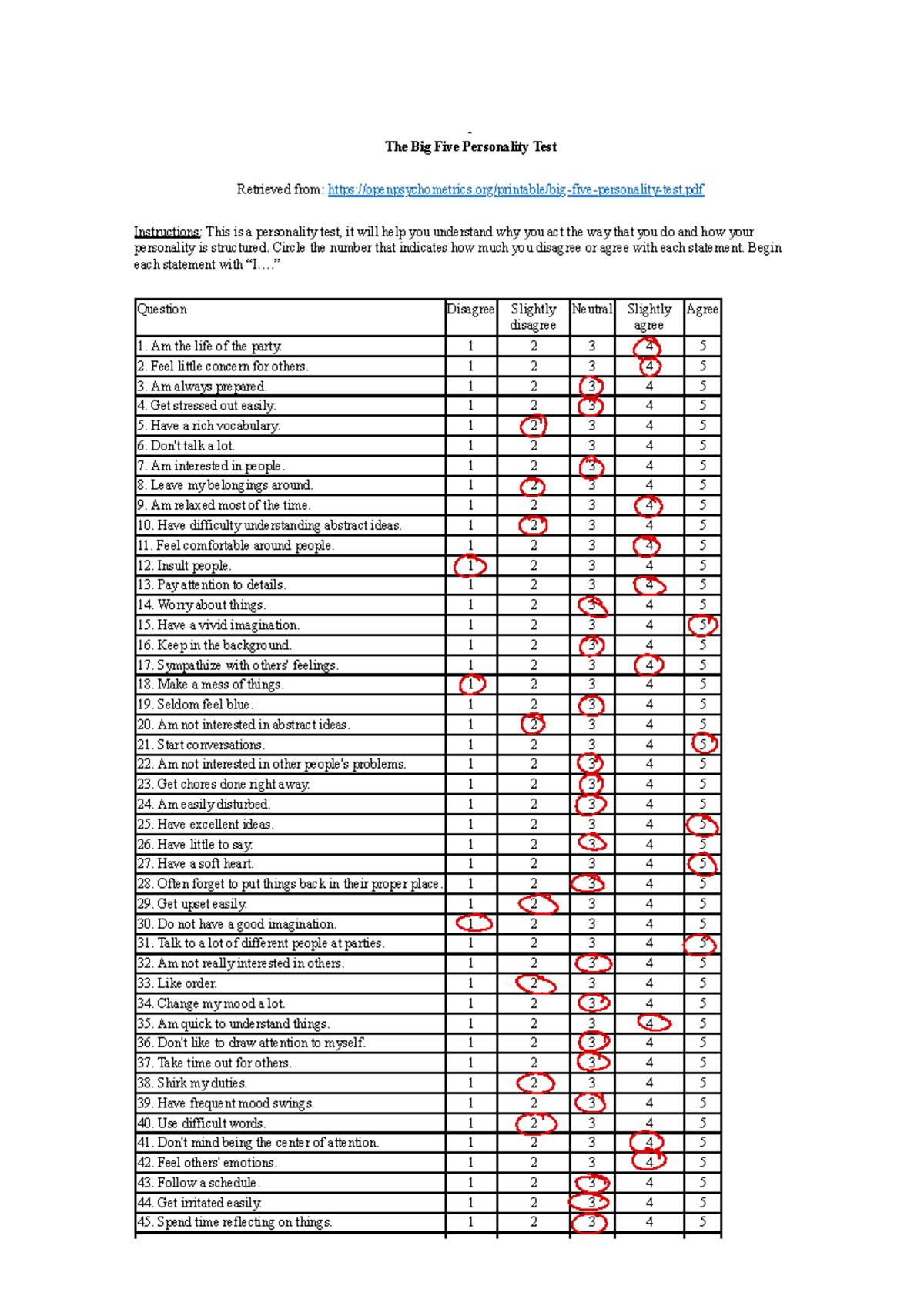 The Big Five Personality - pdf Instructions: This is a personality test ...
