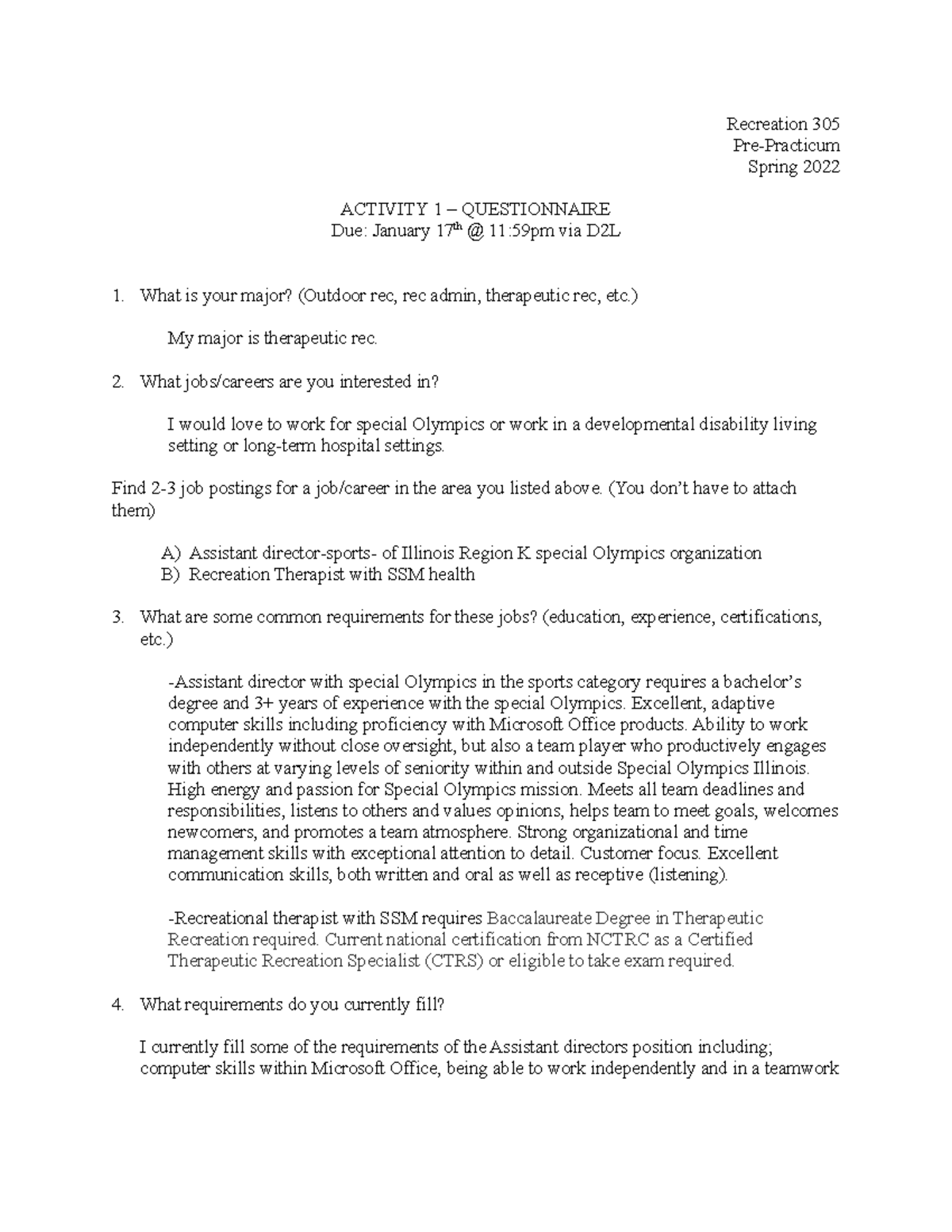 Rec 305 Questionnaire - Recreation 305 Pre-Practicum Spring 2022 ...