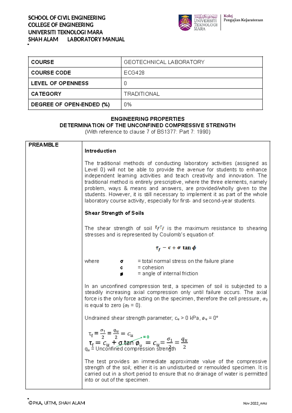 LAB 10 Unconfined Compression Strength UCT Level 0 Manual & Template ...