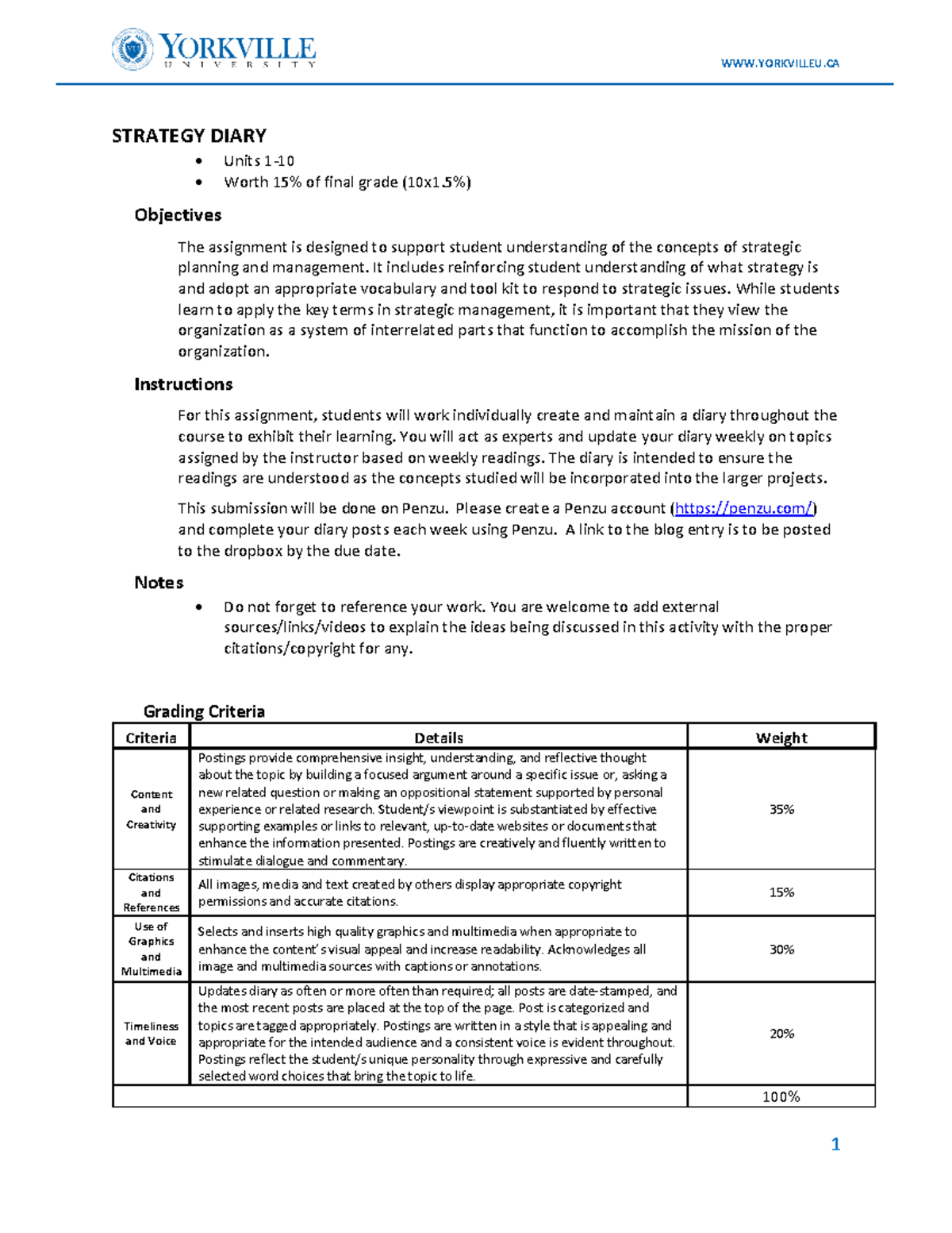 BUSI4153 Strategy Diary - WWW.YORKVILLEU 1 STRATEGY DIARY • Units 1 ...