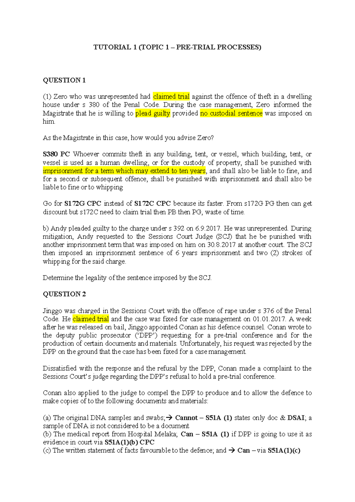Tutorial 1 - TUTORIAL 1 (TOPIC 1 – PRE-TRIAL PROCESSES) QUESTION 1 (1) Zero who was ...