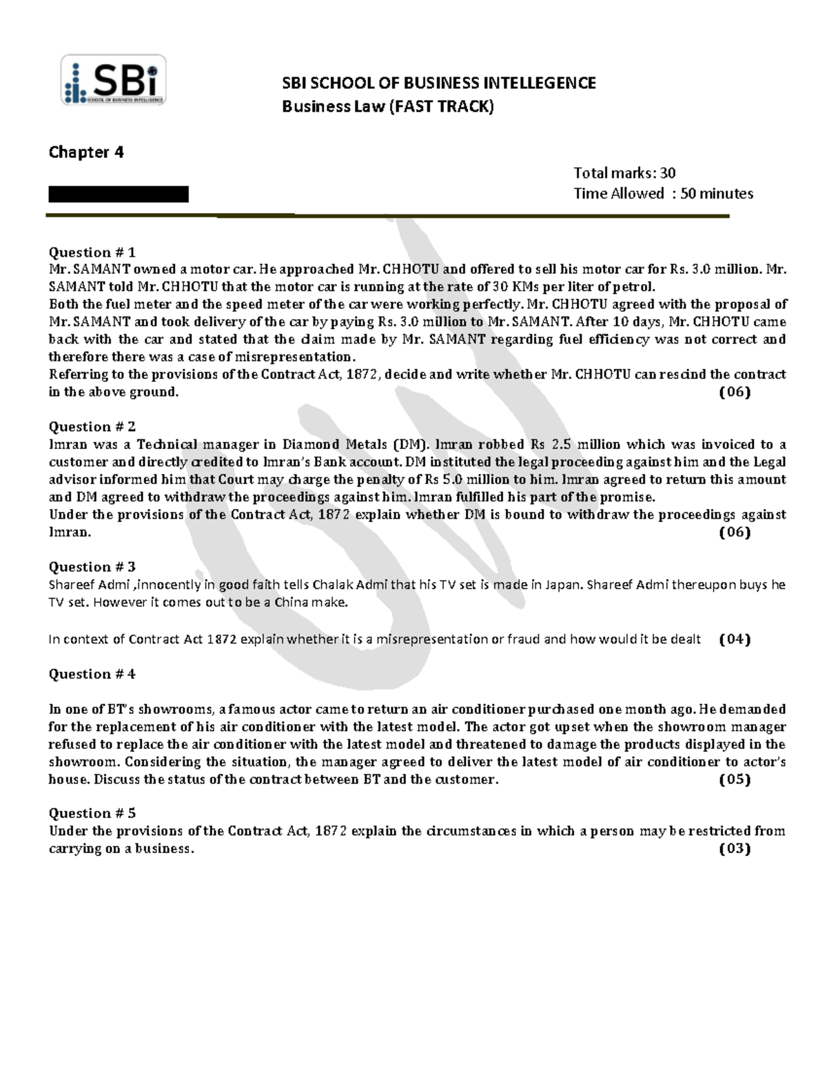 Test 4 QP - notes - SBI SCHOOL OF BUSINESS INTELLEGENCE Business Law ...