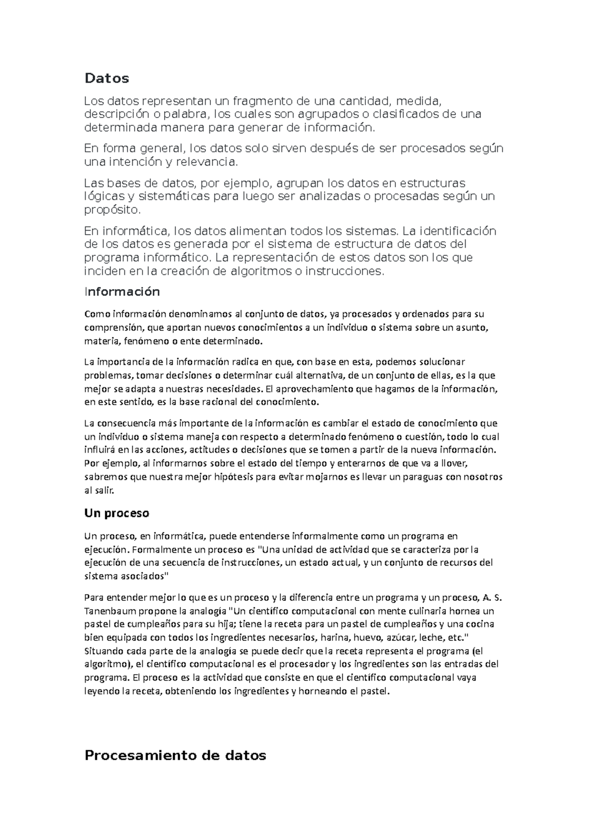 Datos - Datos Los datos representan un fragmento de una cantidad ...