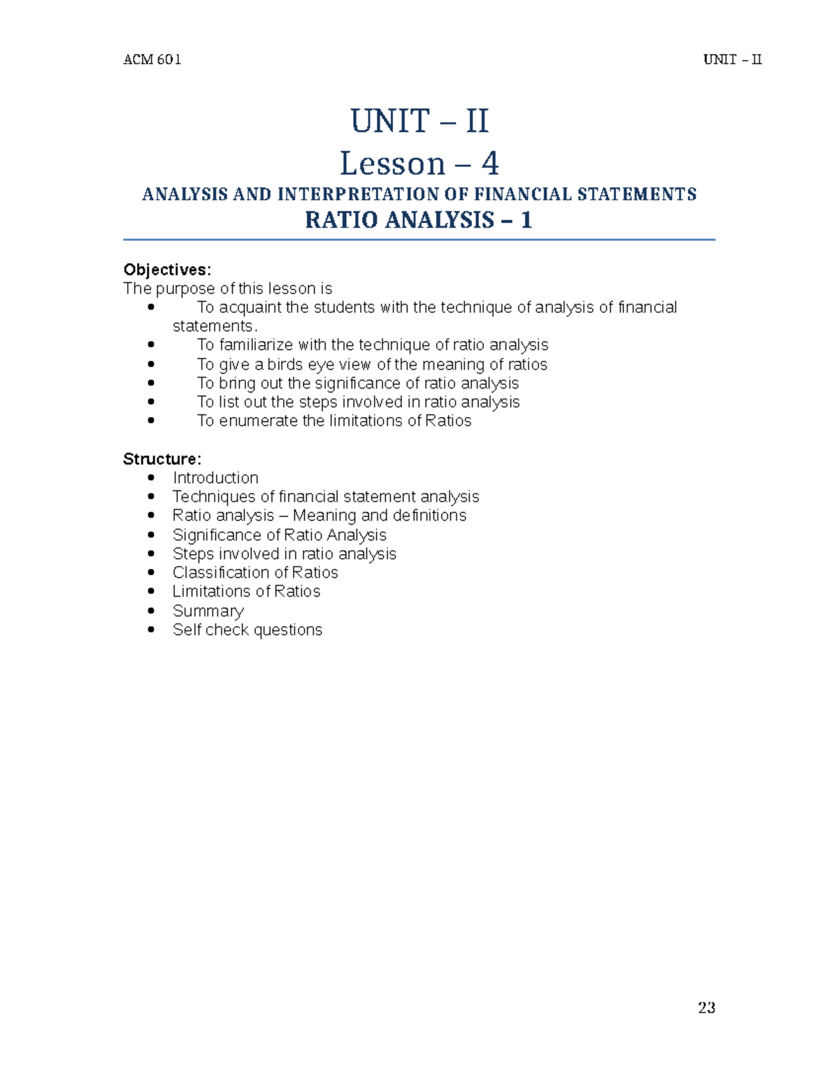UNIT II - nil - ACM 601 UNIT – II UNIT – II Lesson – 4 ANALYSIS AND ...