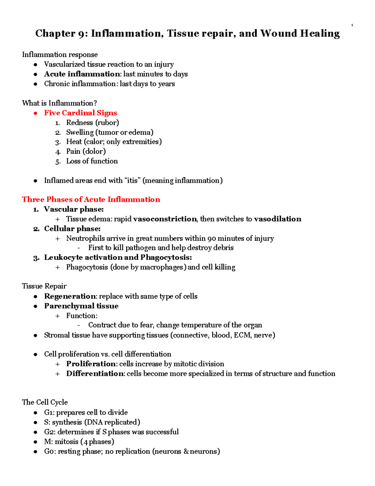 Week 2 Notes (Patho) - Chapter 9: Inflammation, Tissue repair, and ...