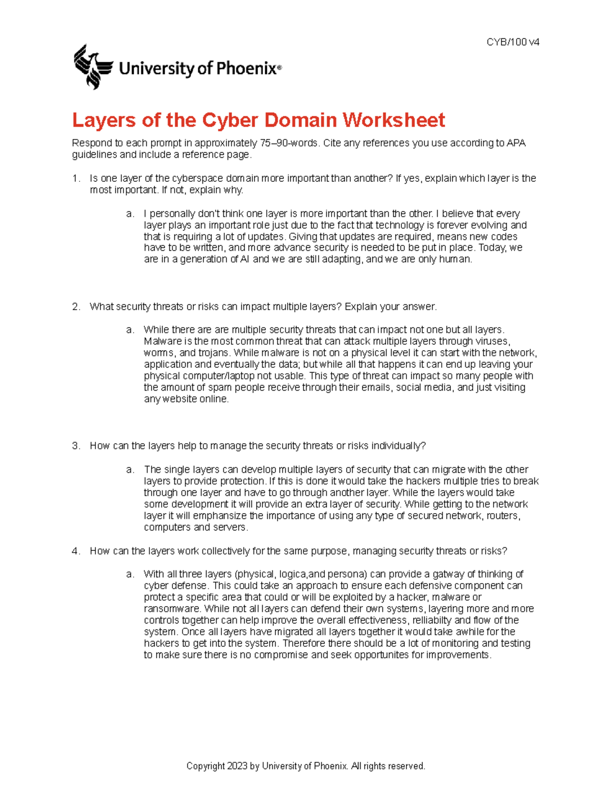Week 2 Worksheet - CYB/100 v Layers of the Cyber Domain Worksheet ...