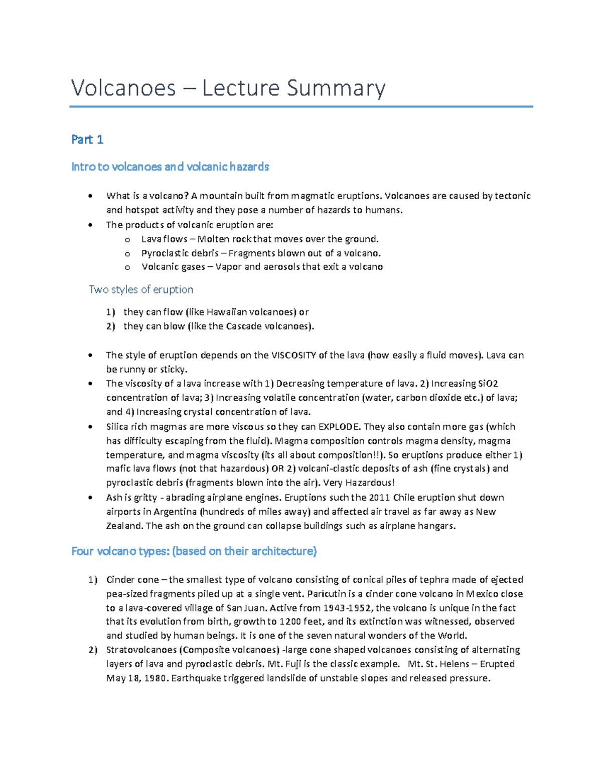 Lecture Summary-Volcanoes-GEOL11040 - Volcanoes – Lecture Summary Part 1 Intro to volcanoes and ...