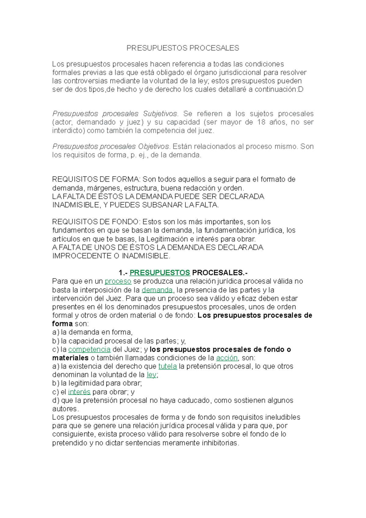 Presupuestos Procesales - Se refieren a los sujetos procesales (actor ...