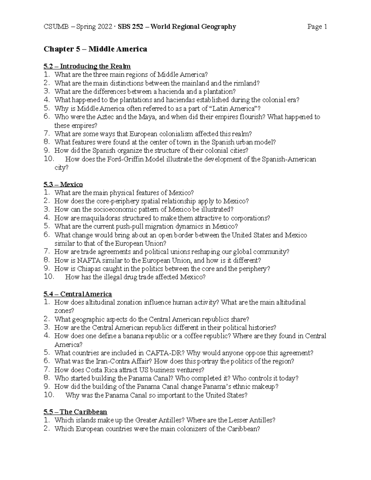 Ch 5 study questions - notes - CSUMB – Spring 2022 · SBS 252 – World ...