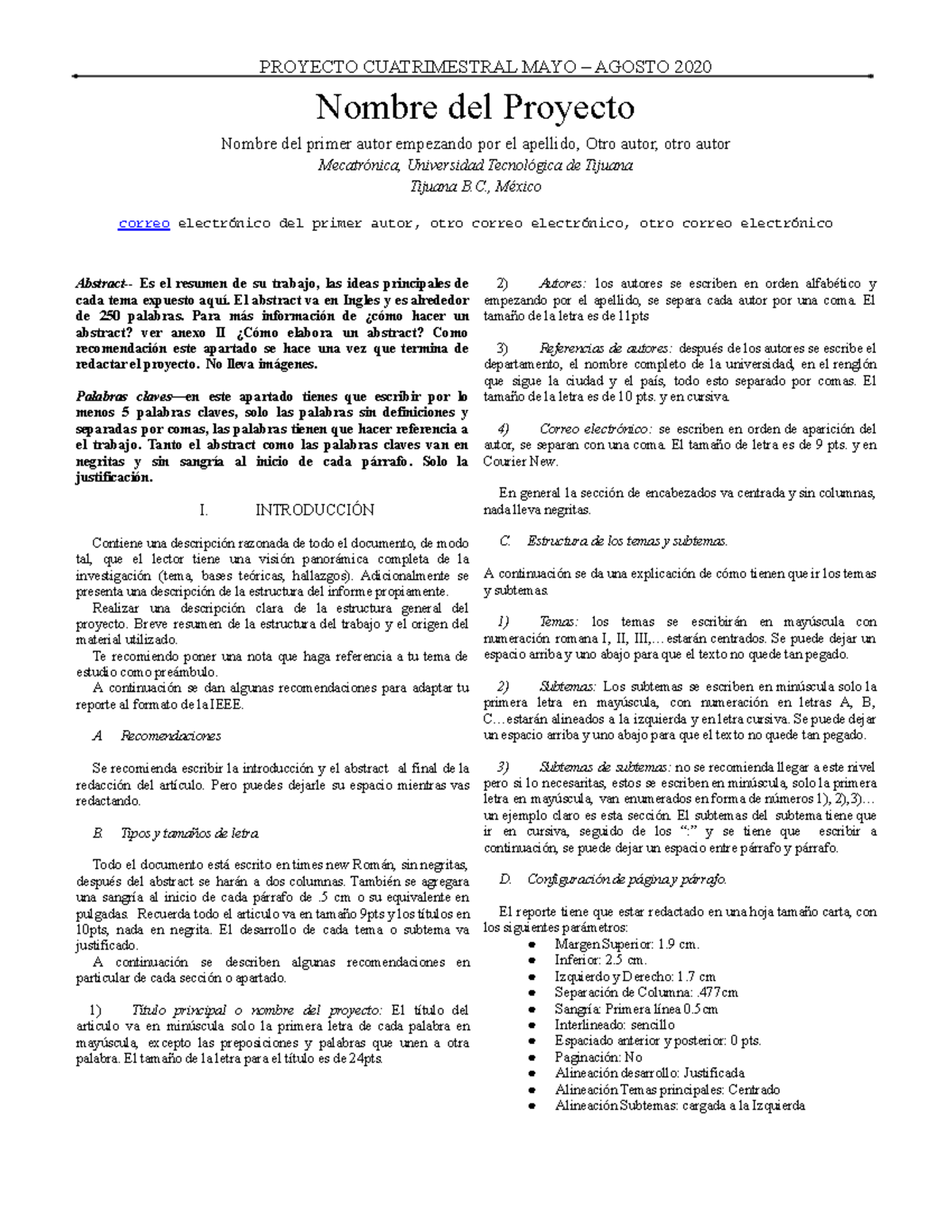 Ejemplo Formato EEE - PROYECTO CUATRIMESTRAL MAYO – AGOSTO 2020 Nombre ...