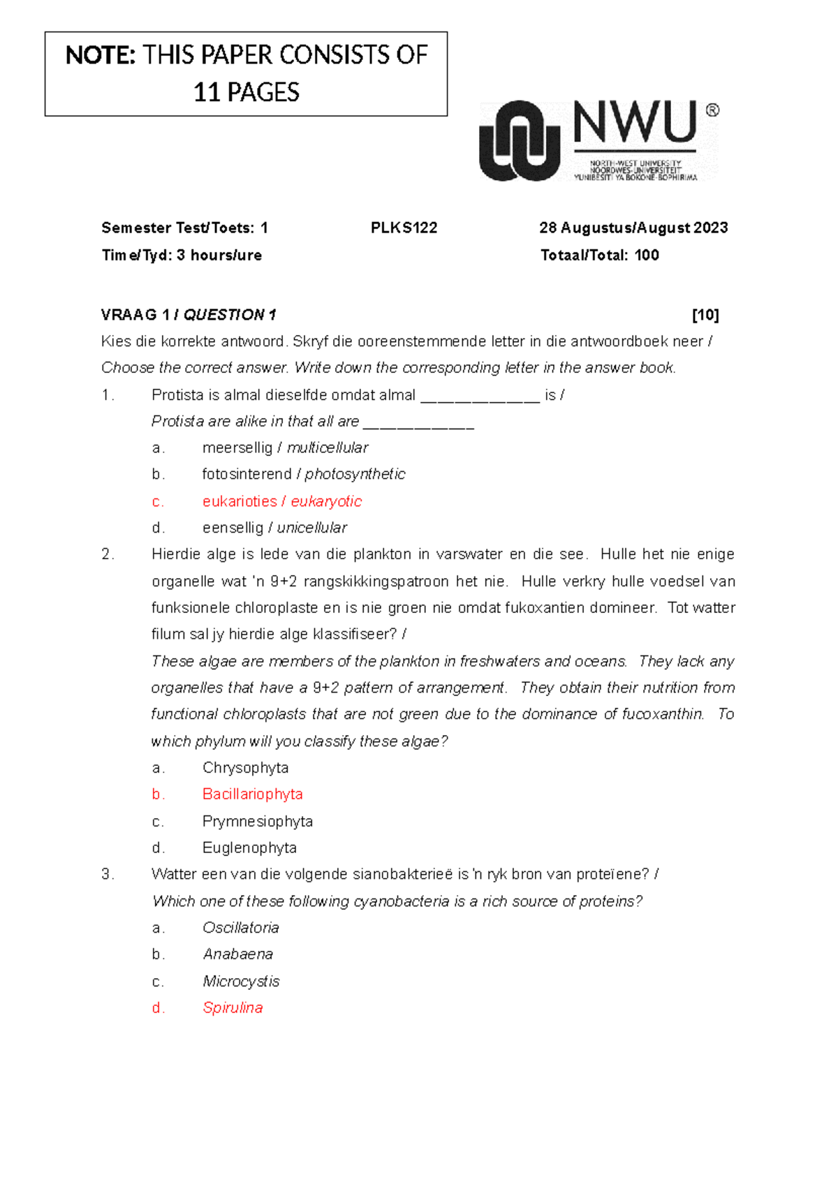 Semester test 1 memo - QUESTION PAPER - Semester Test/Toets: 1 PLKS122 ...