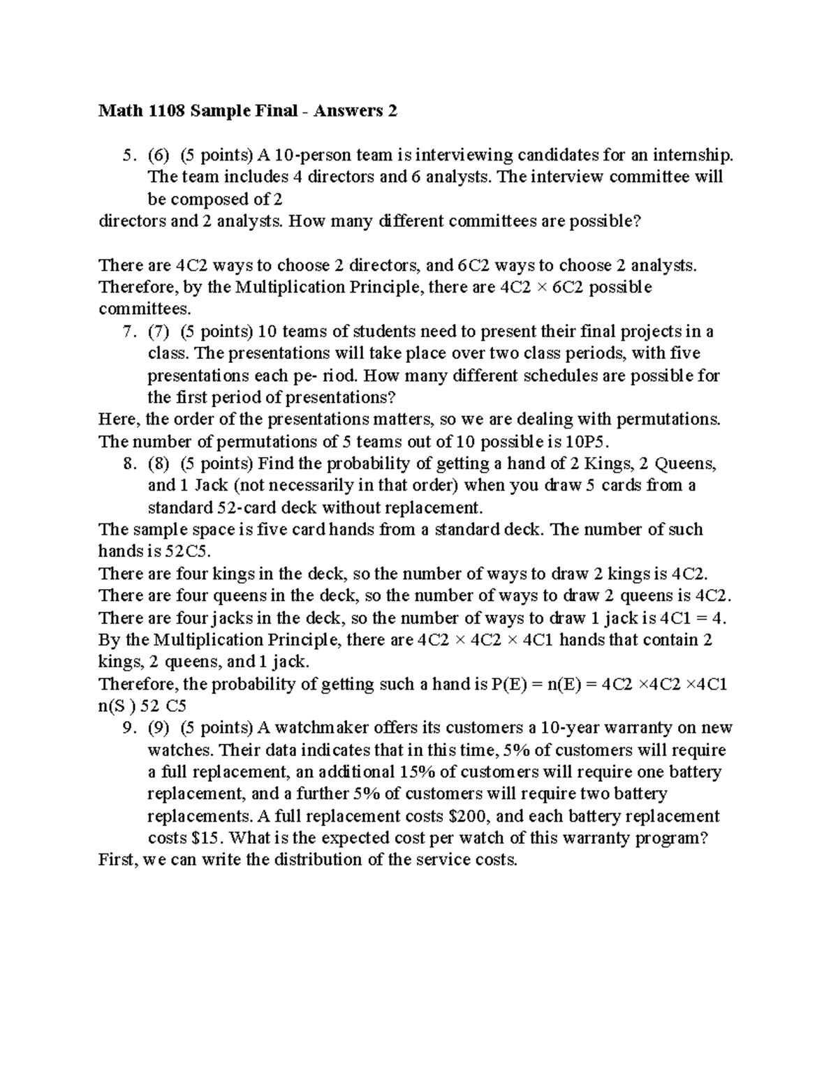 Math 1108 Sample Final - Answers 2 - Math 1108 Sample Final - Answers 2 ...