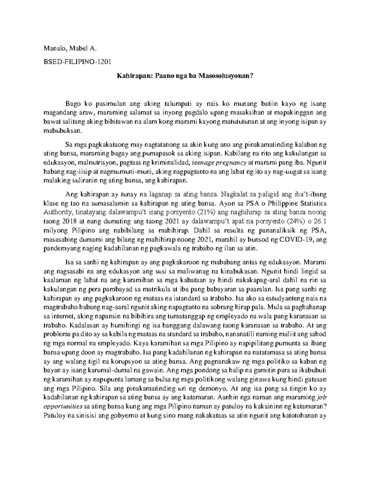 Talumpati - Manalo, Mabel A. BSED-FILIPINO- Kahirapan: Paano nga ba ...