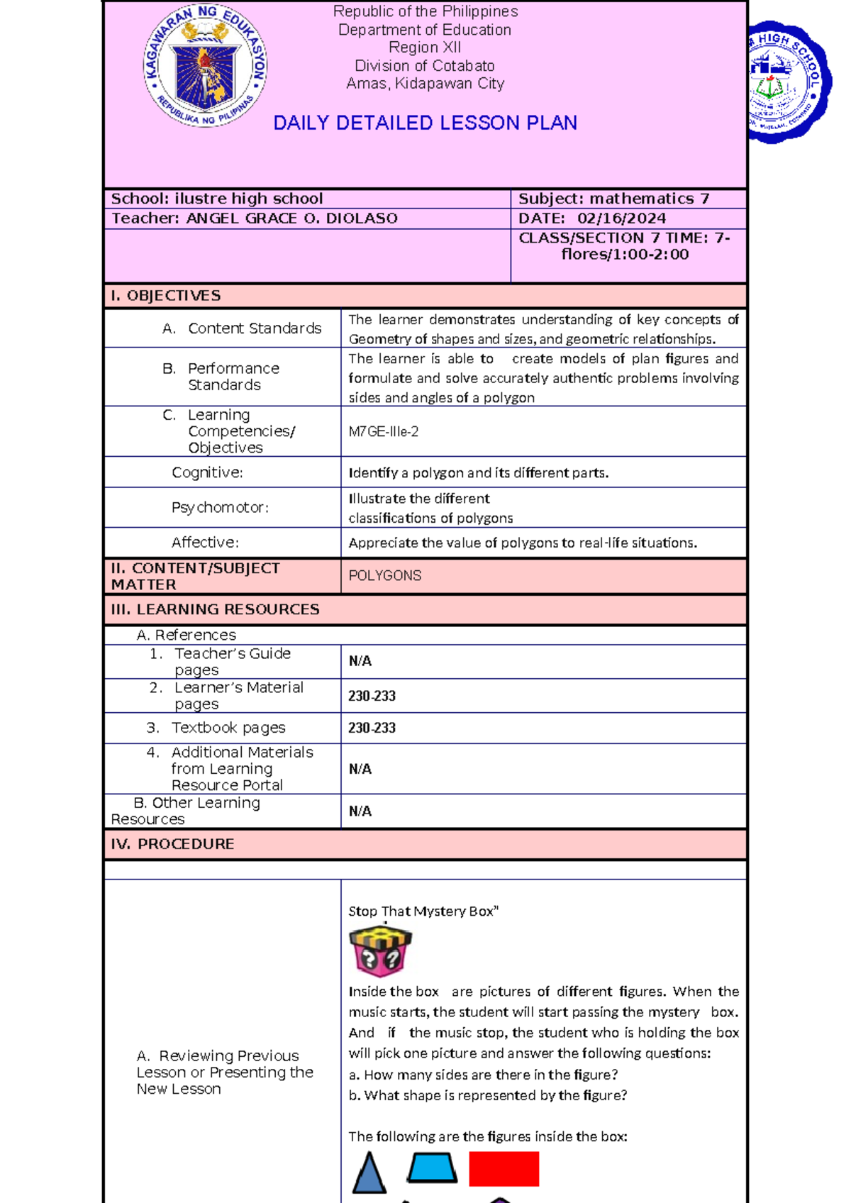 Lesson PLAN Polygon - Republic of the Philippines Department of ...
