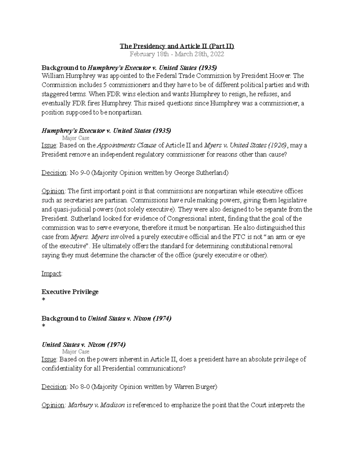 PLSC 471 Notes- The Presidency (Part II) - The Presidency and Article ...