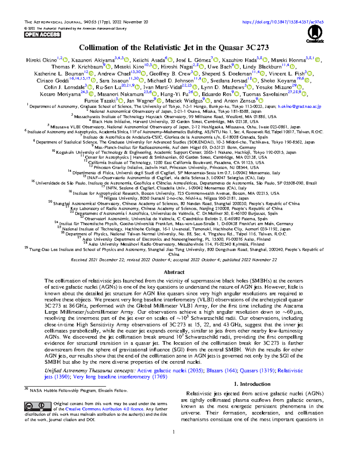 Okino 2022 Ap J 940 65 - English - Collimation of the Relativistic Jet ...