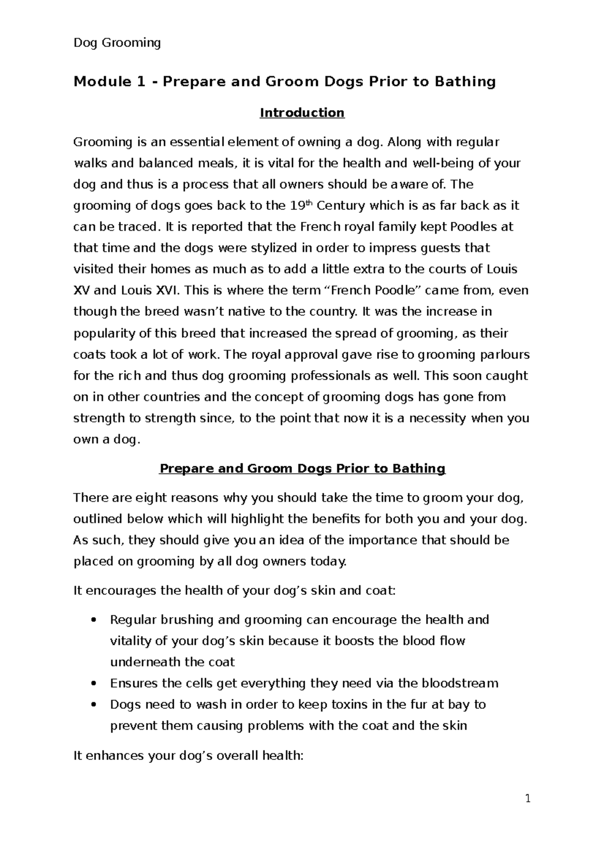 Grooming Document - Module 1 - Prepare and Groom Dogs Prior to Bathing ...