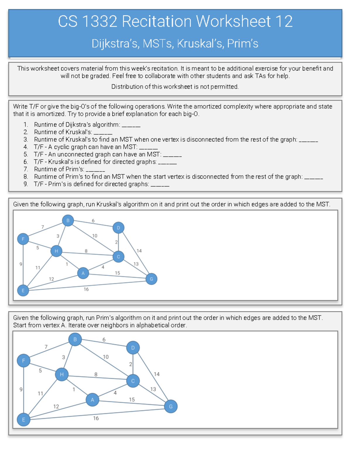 Worksheet 12 - CS 1332 Recitation Worksheet 12 Dijkstra’s, MSTs, Kruskal’s, Prim’s This ...