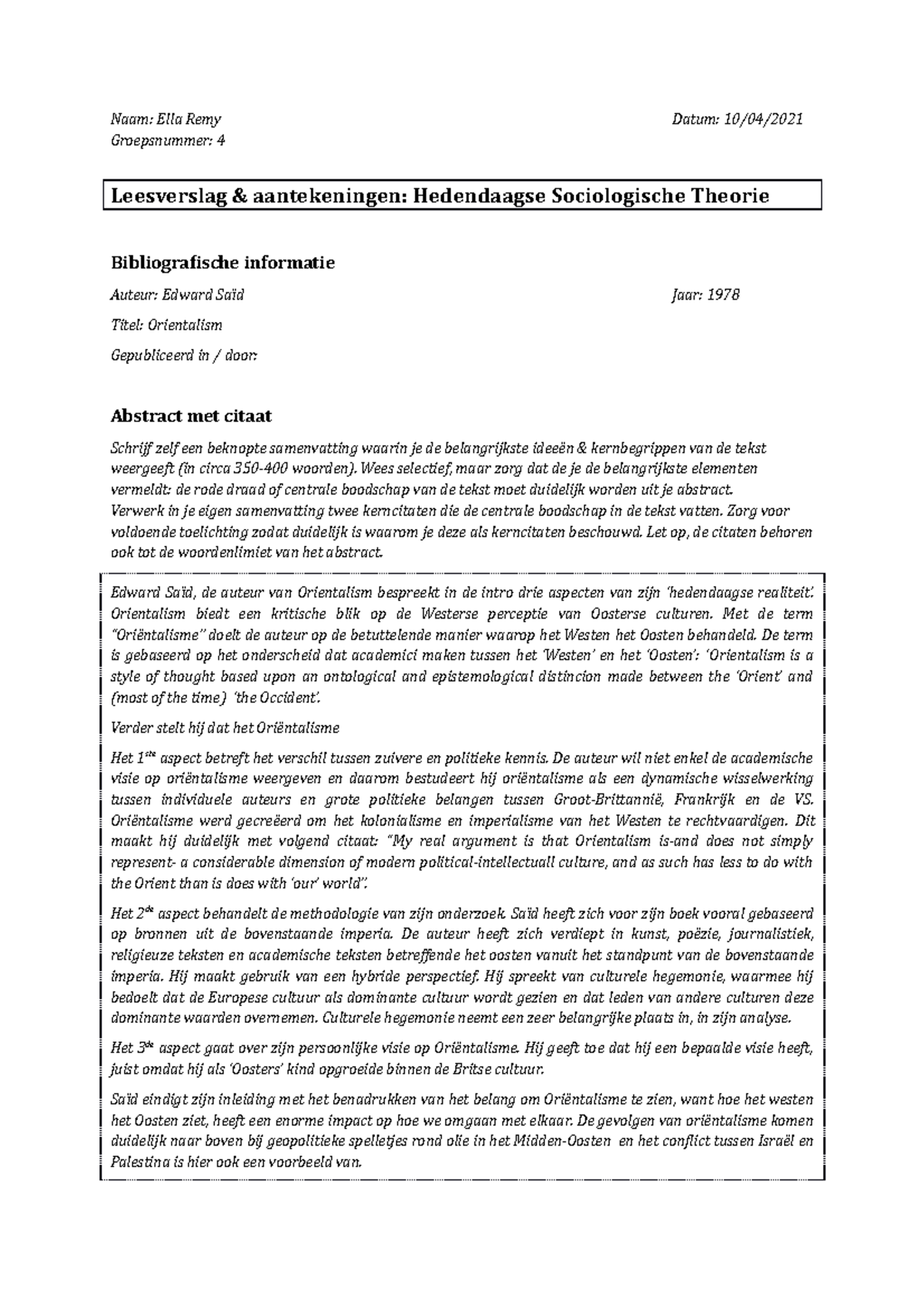 Leesverslag 2 Ella Remy Saïd - Naam: Ella Remy Datum: 10/04 ...