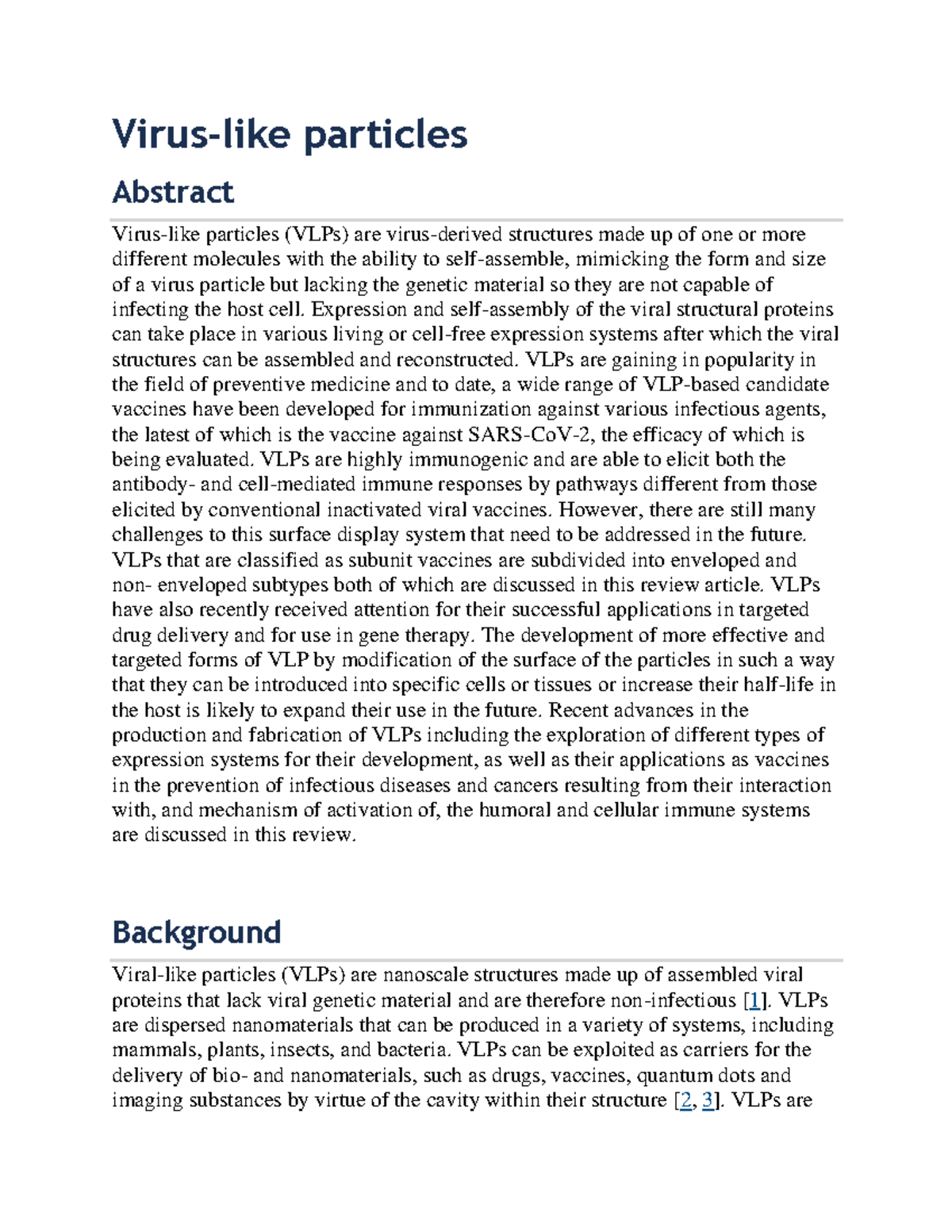 Virus - Virus-like particles Abstract Virus-like particles (VLPs) are ...