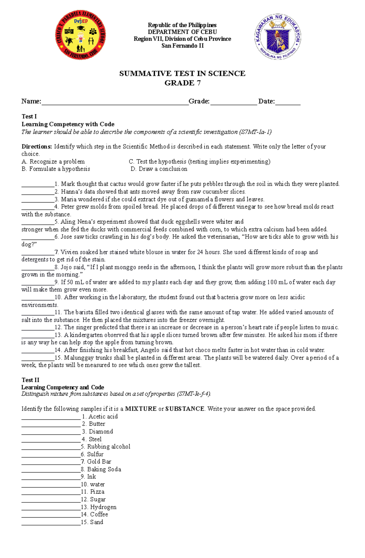 Summative TEST IN Science - Republic of the Philippines DEPARTMENT OF ...