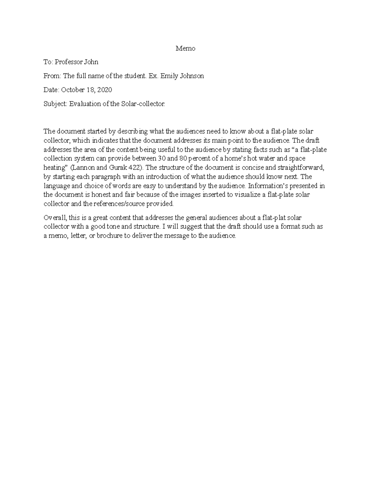 ENG 2050 Evaluation Assignment - Memo To: Professor John From: The full ...