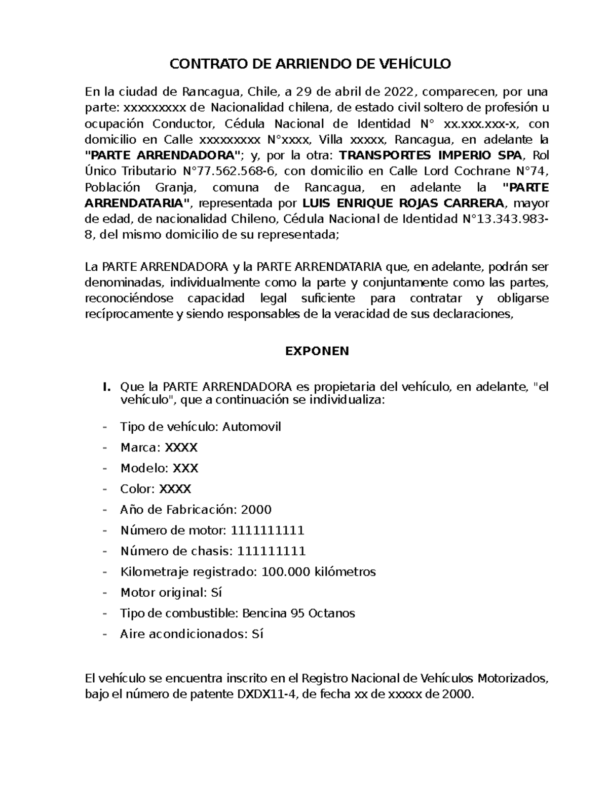 Contrato arriendo vehículo a editar - CONTRATO DE ARRIENDO DE VEHÍCULO ...