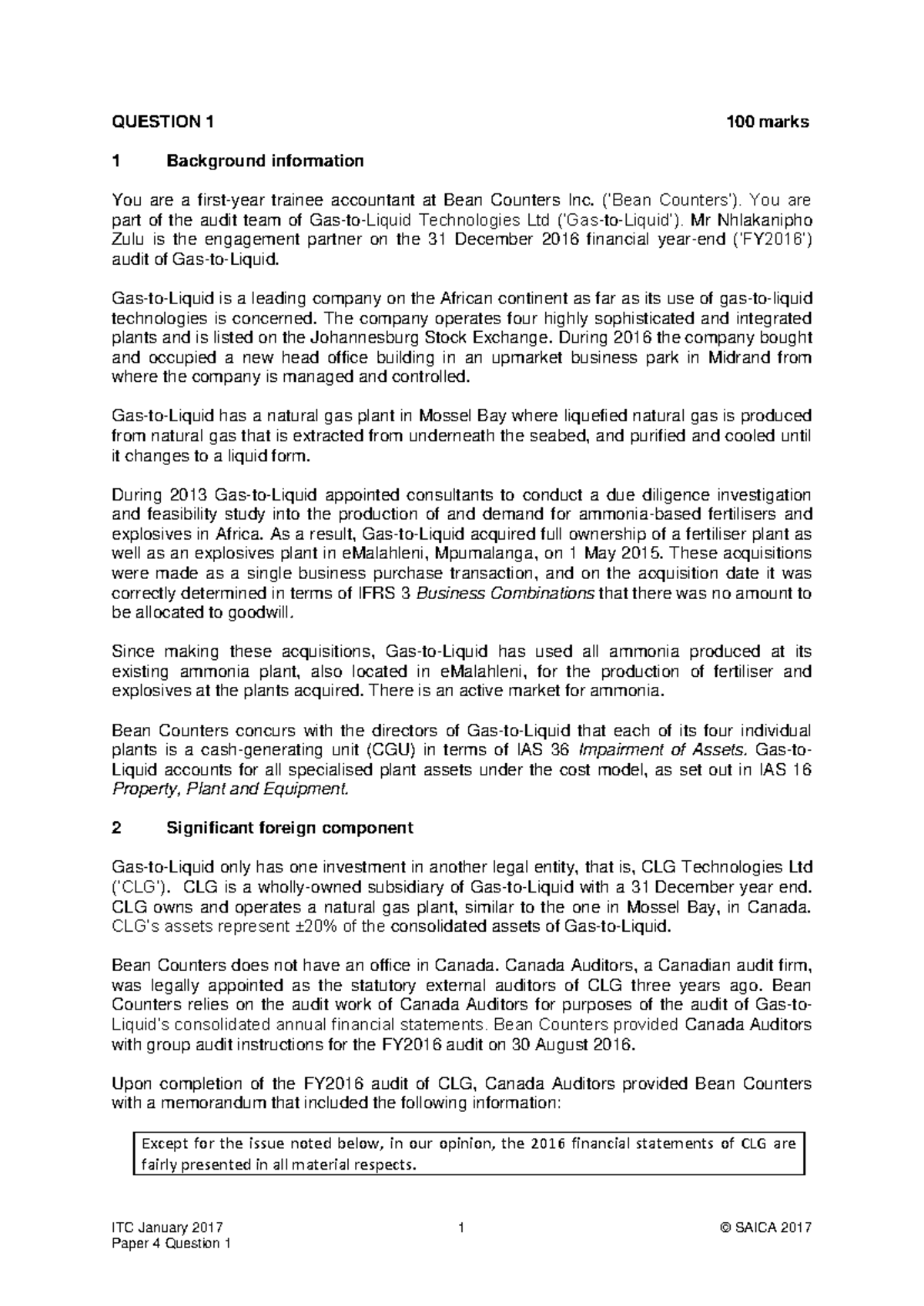 Initial Test of Competency - ITC January 2017 1 © SAICA 2017 QUESTION 1 ...