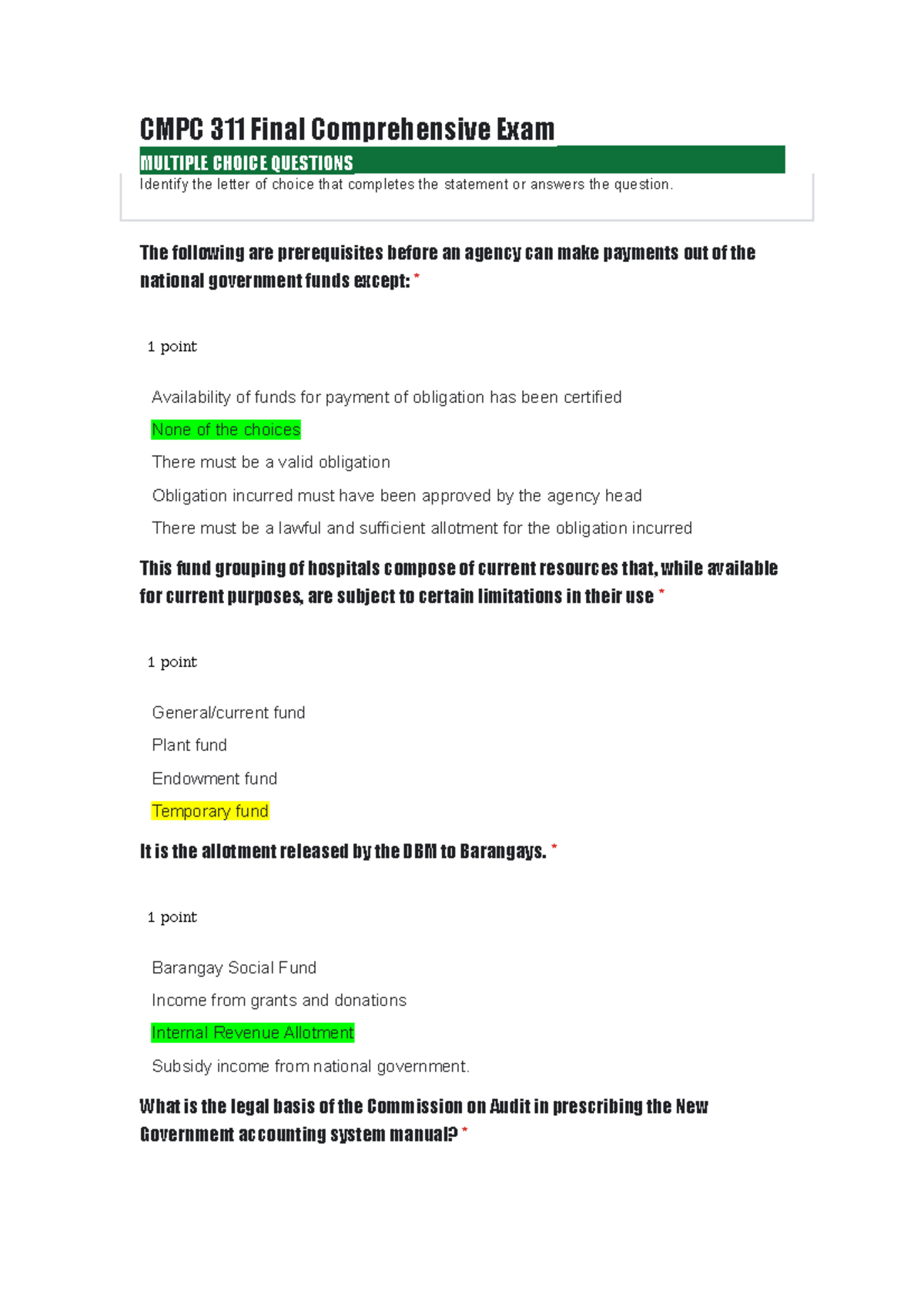 Final 13 August 2019, questions and answers - CMPC 311 Final ...