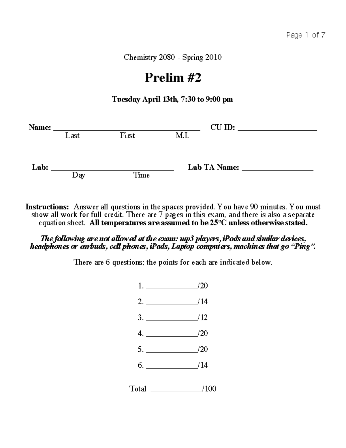 Prelim 2 Solution Spring 2010 - Page 1 of 7 Chemistry 2080 - Spring ...