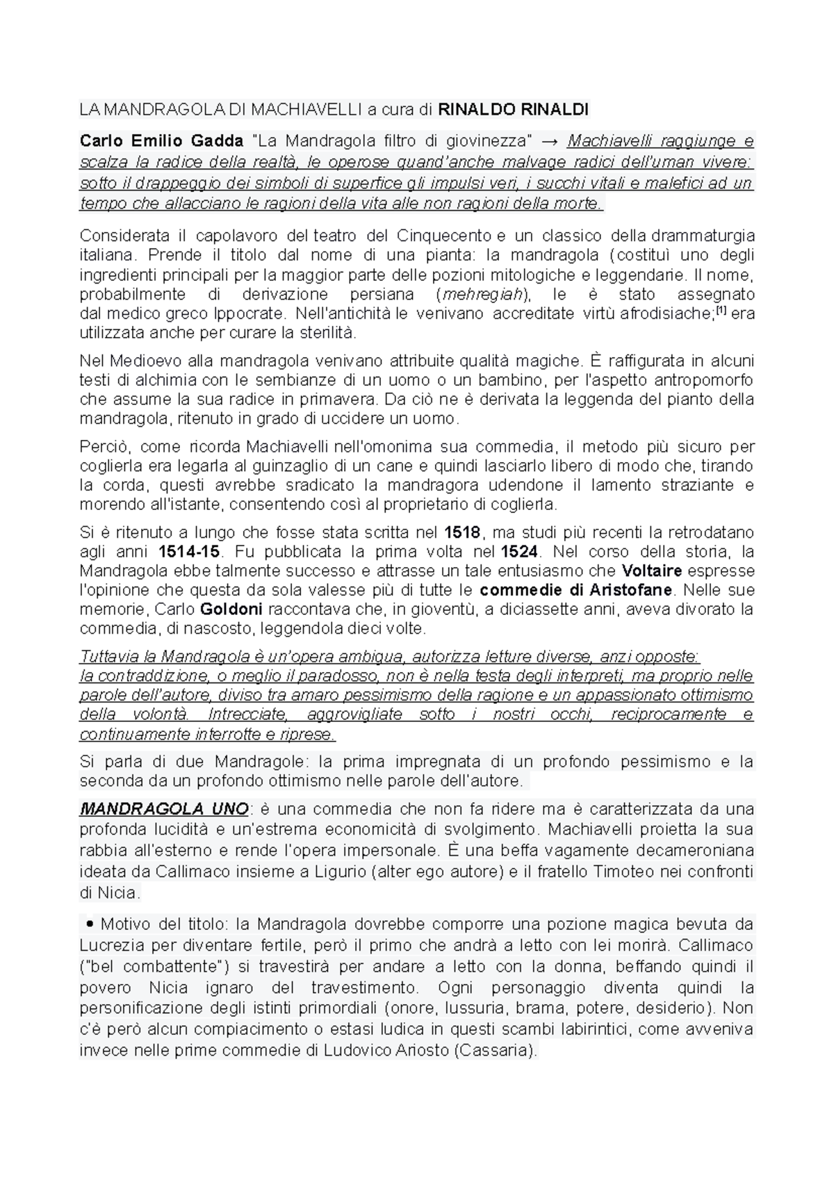 LA Mandragola DI Machiavelli a cura di Rinaldo Rinaldi - LA MANDRAGOLA ...