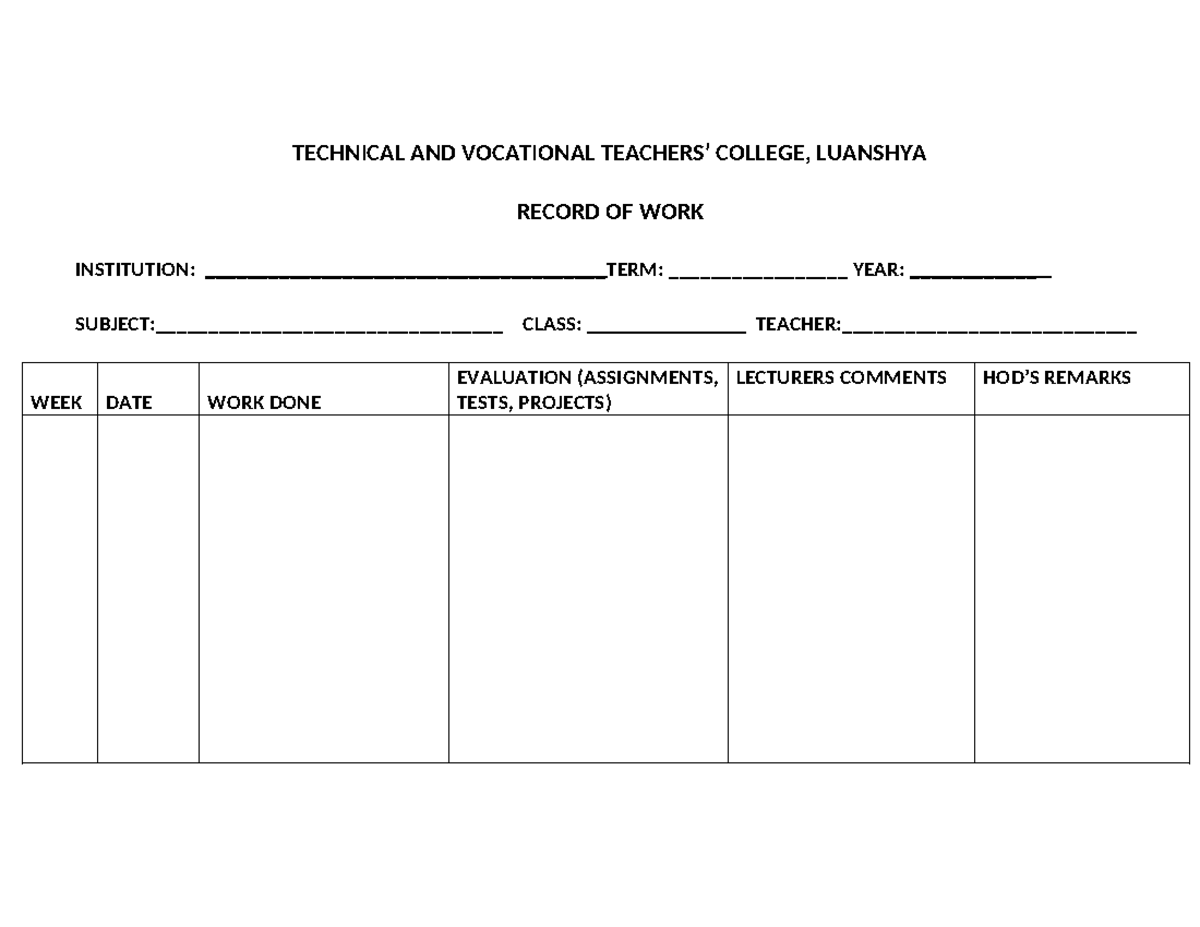 Record of Work Form - Very serious - Ict with education - TECHNICAL AND ...