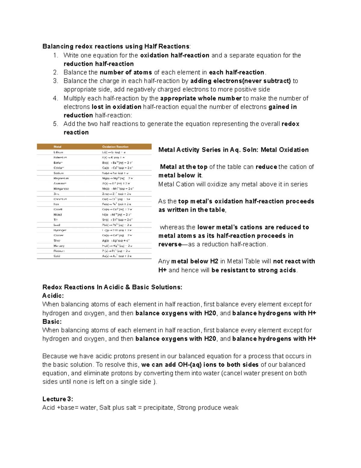 Chem 01b notes pt 2 - Balancing redox reactions using Half Reactions: 1 ...
