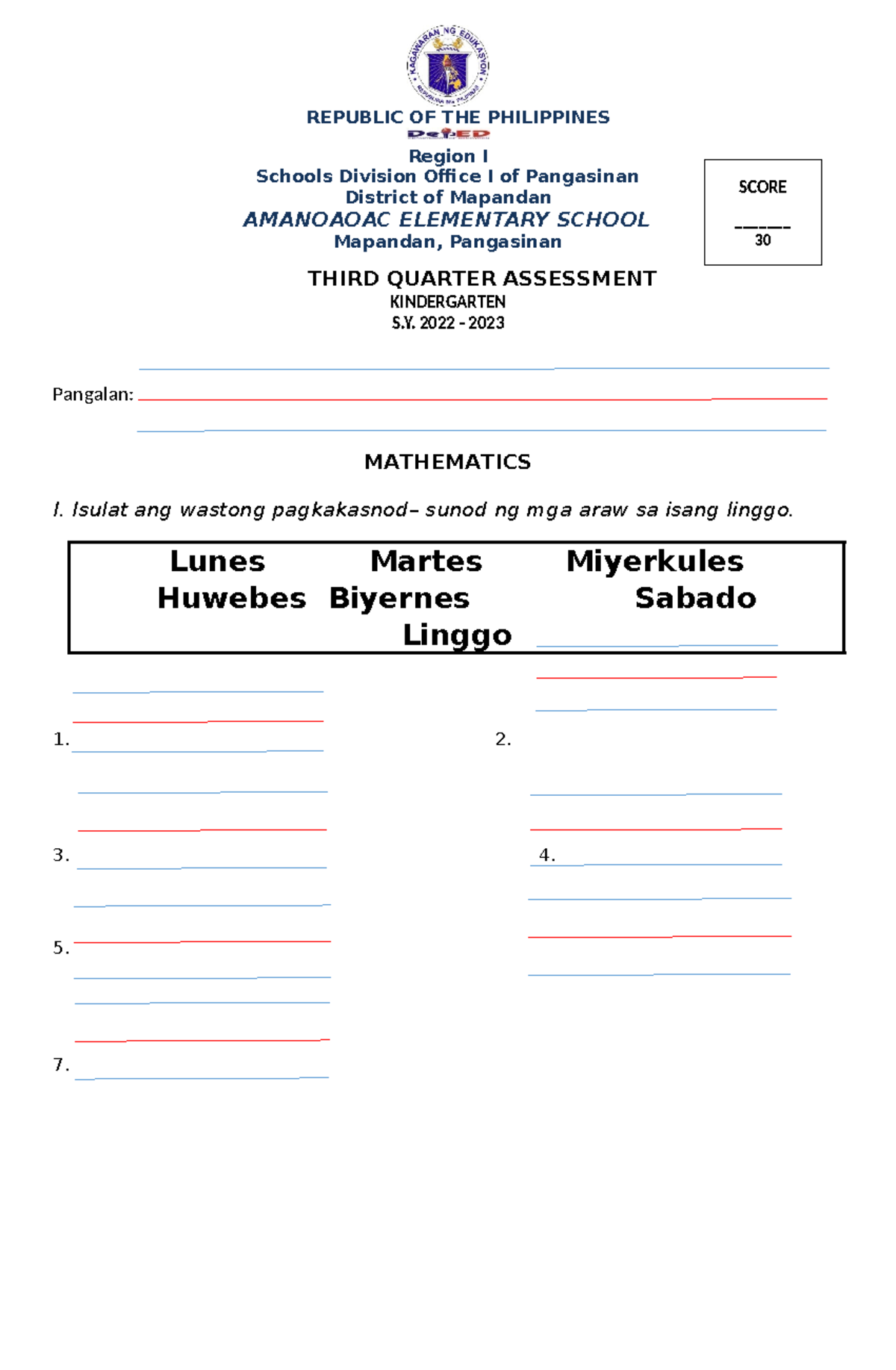 Third Quarter Assessment WITH TOS - REPUBLIC OF THE PHILIPPINES Region ...