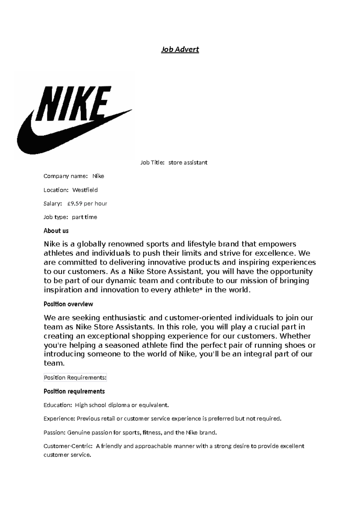 Nike role play document updated - Job Advert Job Title: store assistant ...