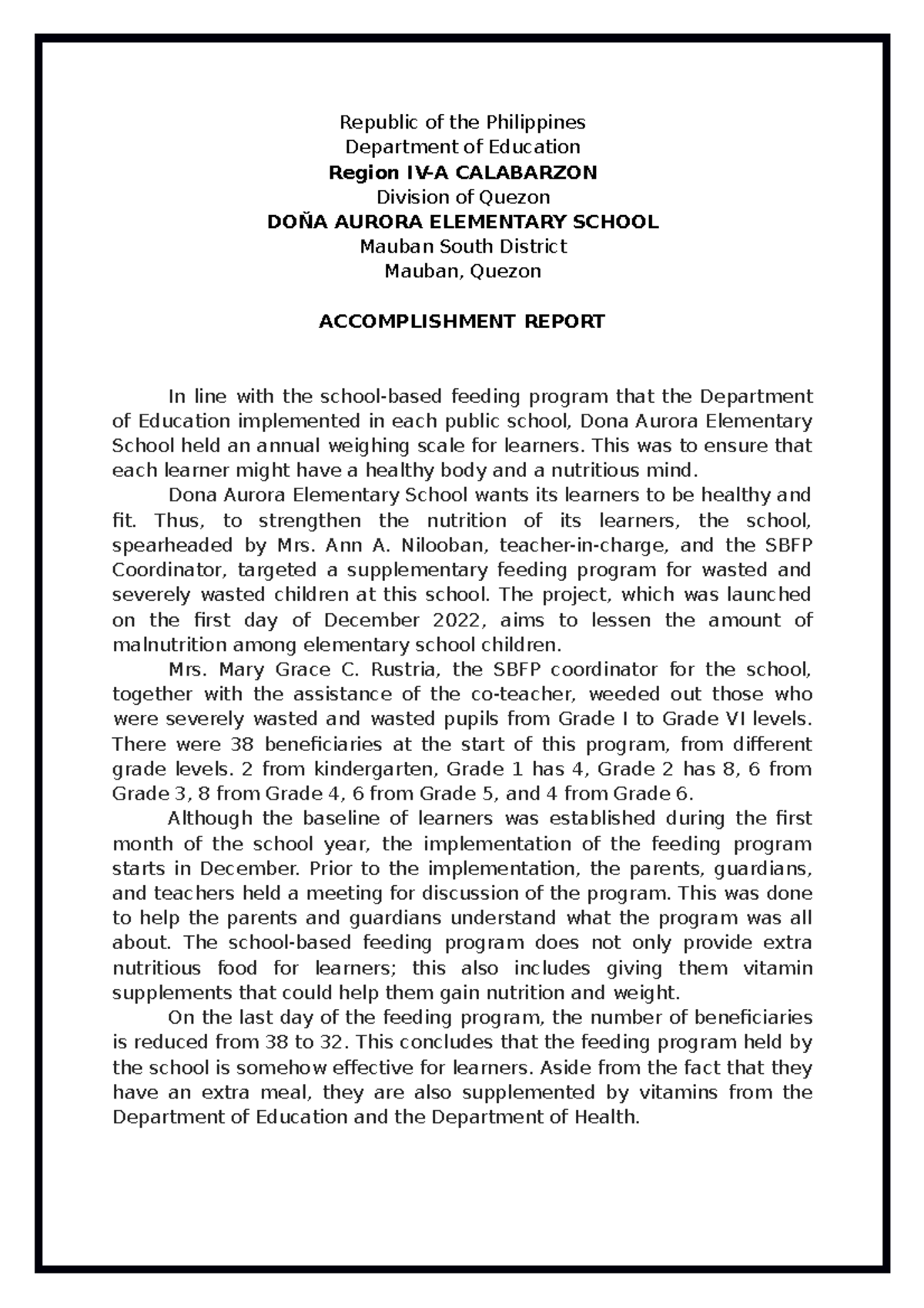 Accomplishment-Report - Republic of the Philippines Department of Education Region IV-A ...
