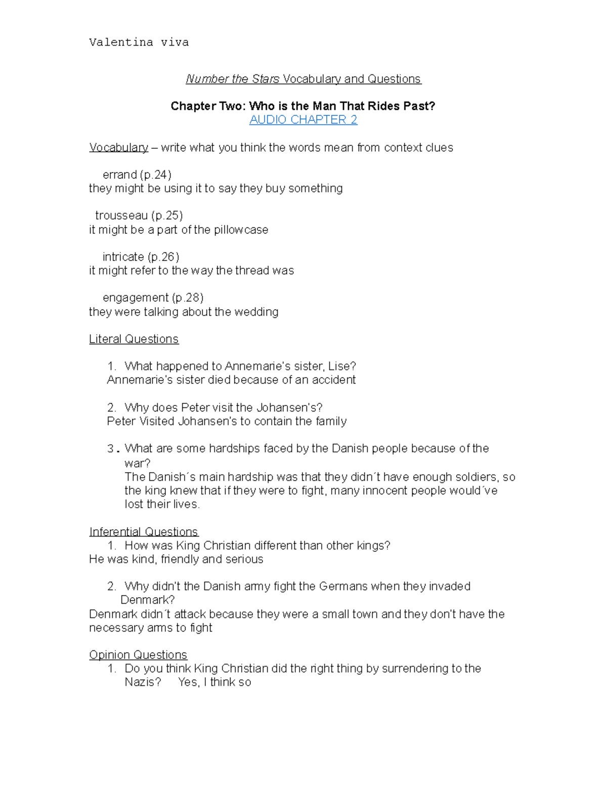 Number the stars- Chapter 2 - Valentina viva Number the Stars ...