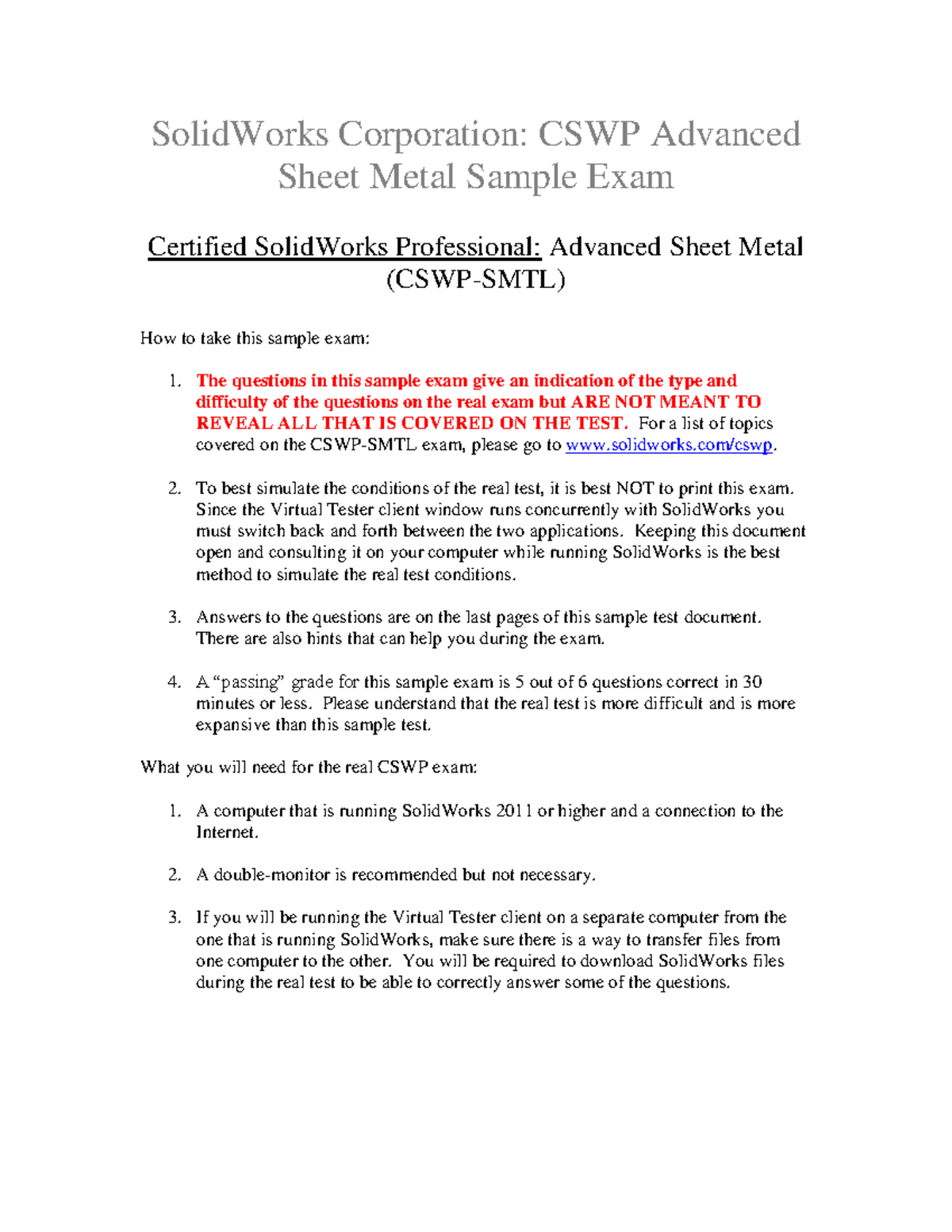 Cswpadvancedsheetmetalsampleexam - SolidWorks Corporation: CSWP ...