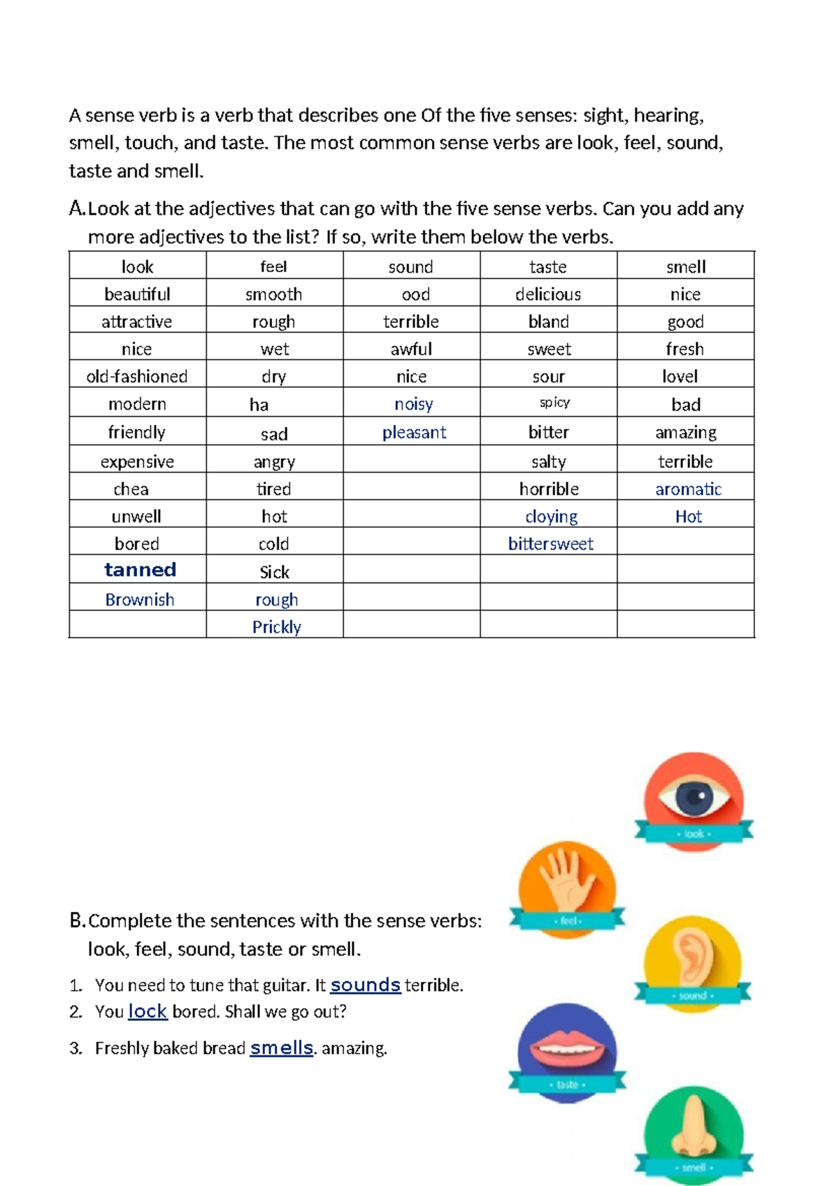 Sensory Verbs - Exercise - A sense verb is a verb that describes one Of ...