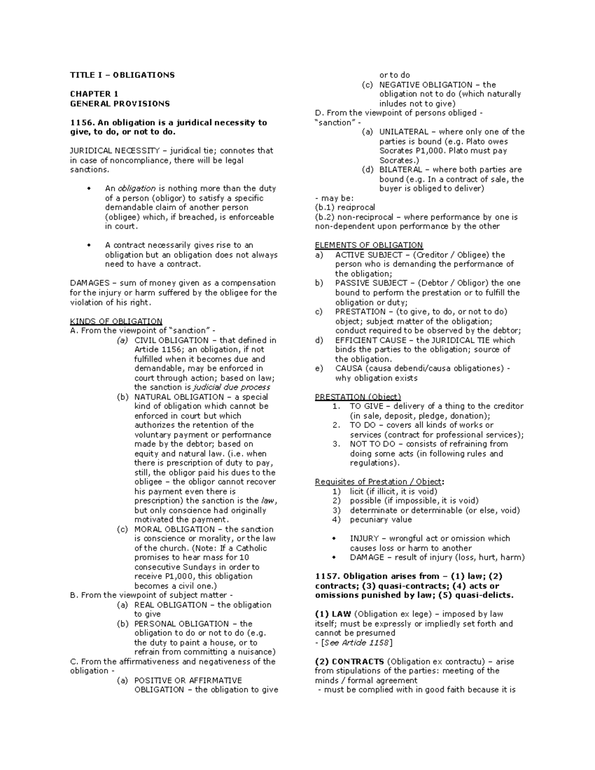 Midterm Reviewer for Oblicon TITLE 1 Obligations Chapter 1 GENERAL ...