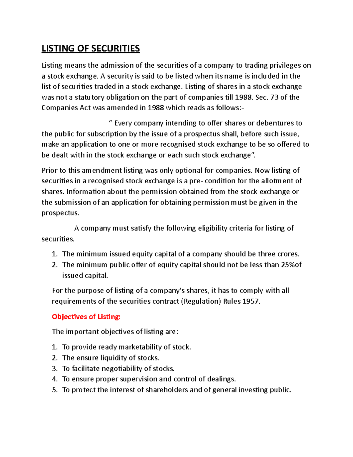 Listing OF Securities - Useful - LISTING OF SECURITIES Listing means ...