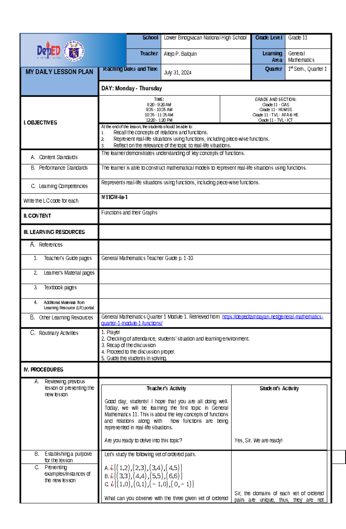 1. Real-life situations using functions - MY DAILY LESSON PLAN School ...