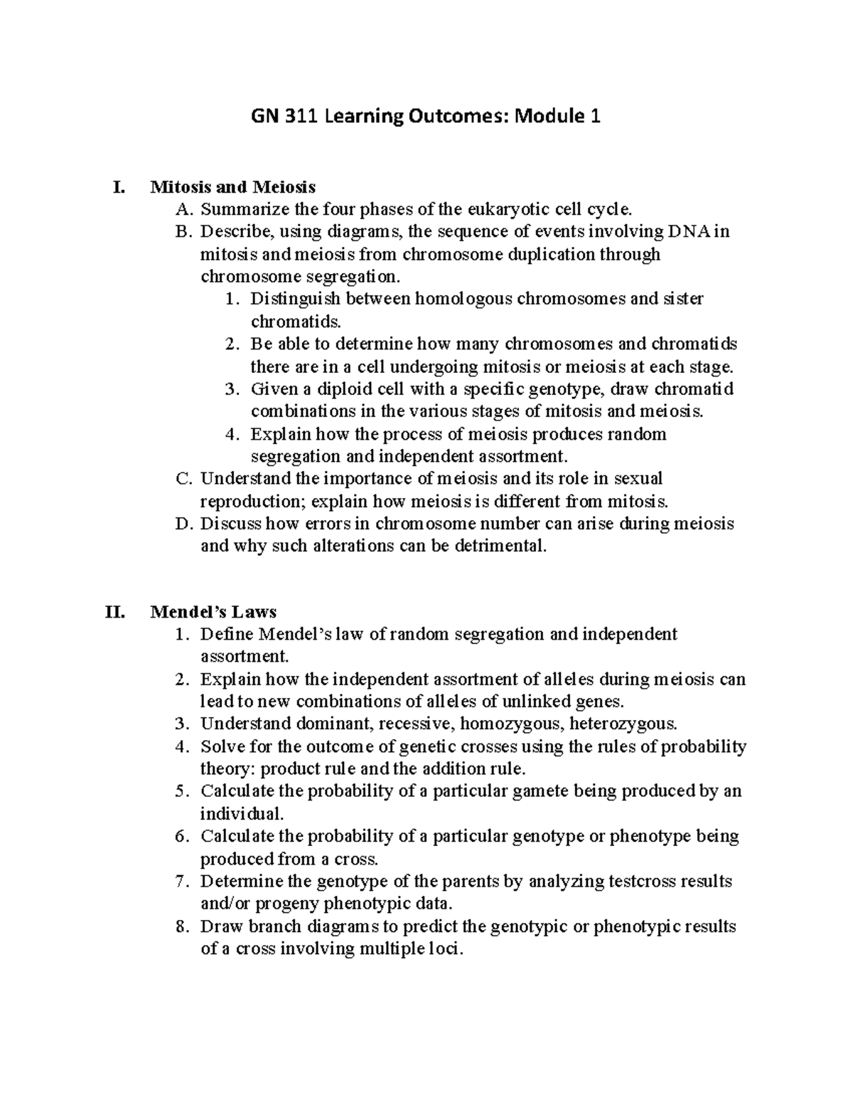 GN 311 Learning Outcomes - Module 1 - Mitosis and Meiosis A. Summarize ...