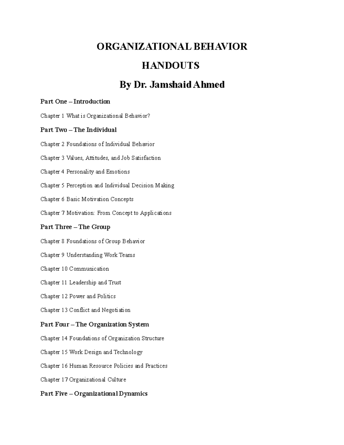 CH. I Handout Organizational Behavior Vcomsats - ORGANIZATIONAL ...