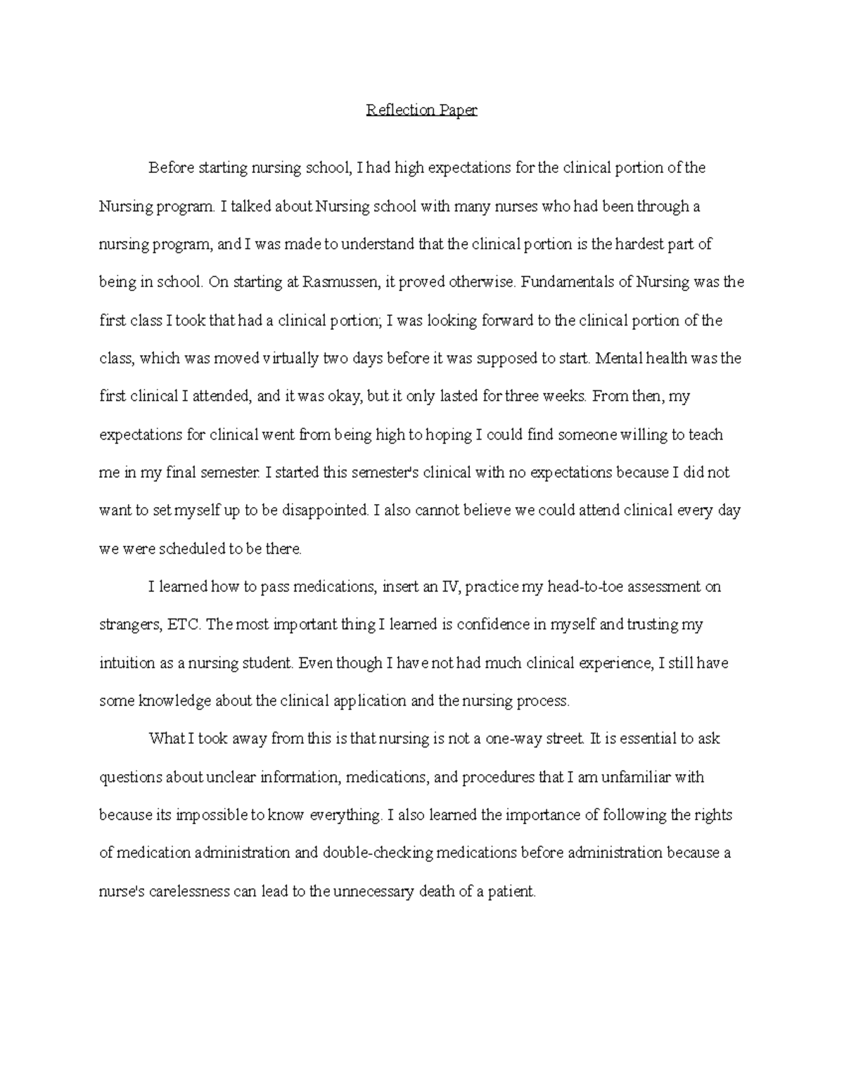 Oadewole PN3clinicalreflectivepaper - Reflection Paper Before starting ...