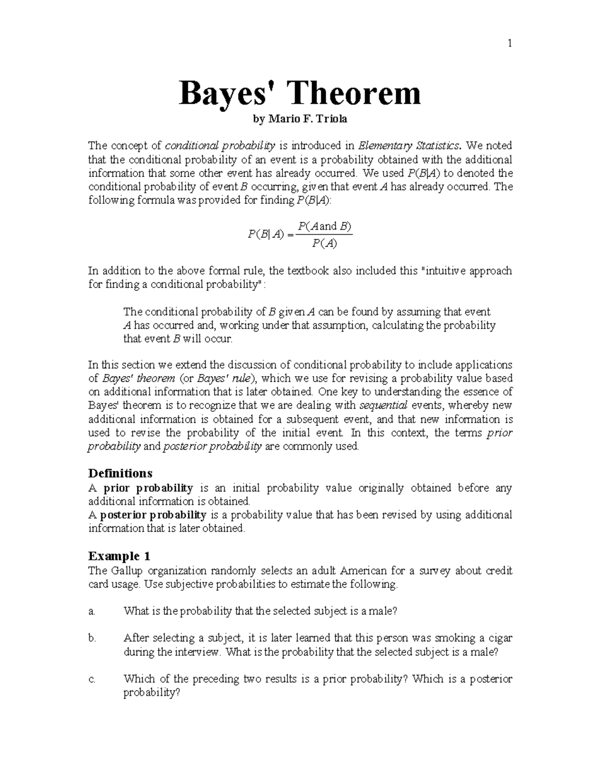 Bayes Theorem - Bayes' Theorem by Mario F. Triola The concept of conditional probability is ...