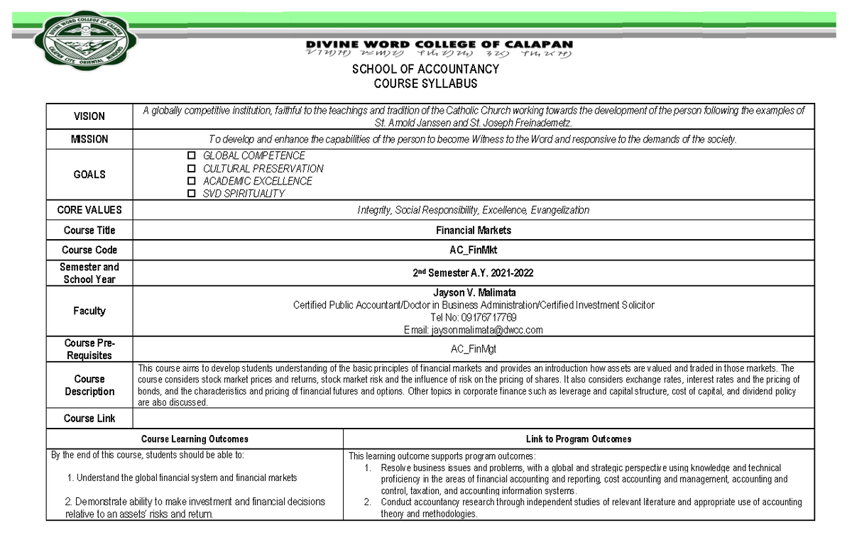 Malimata AC Finmkt-SYLL-v3 - SCHOOL OF ACCOUNTANCY COURSE SYLLABUS ...