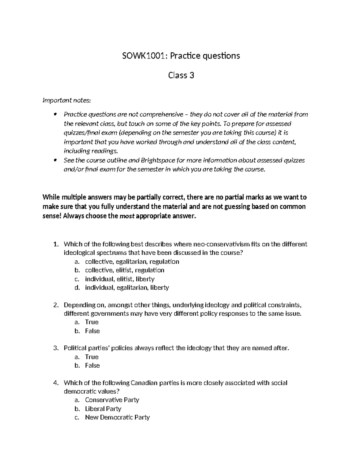 Class 3 practice questions - SOWK1001: Practice questions Class 3 ...
