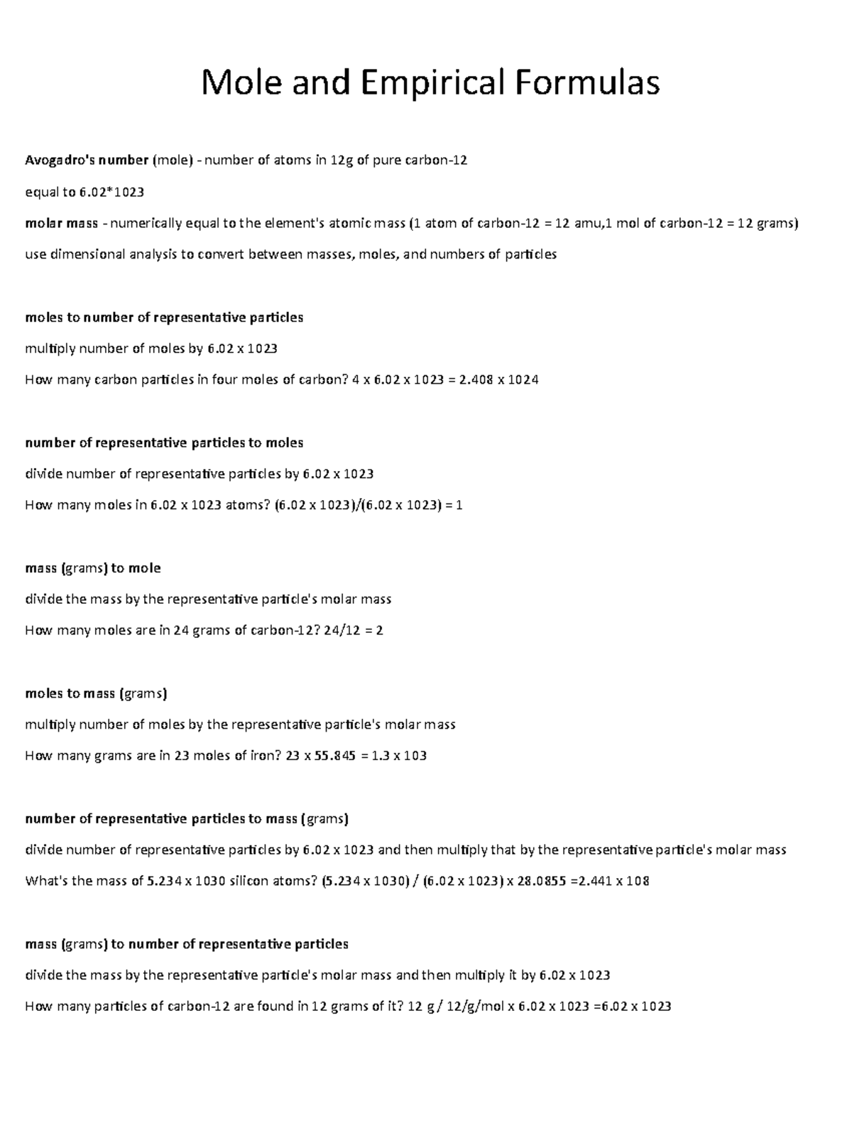 Mole and Empirical Formulas - Mole and Empirical Formulas Avogadro's ...