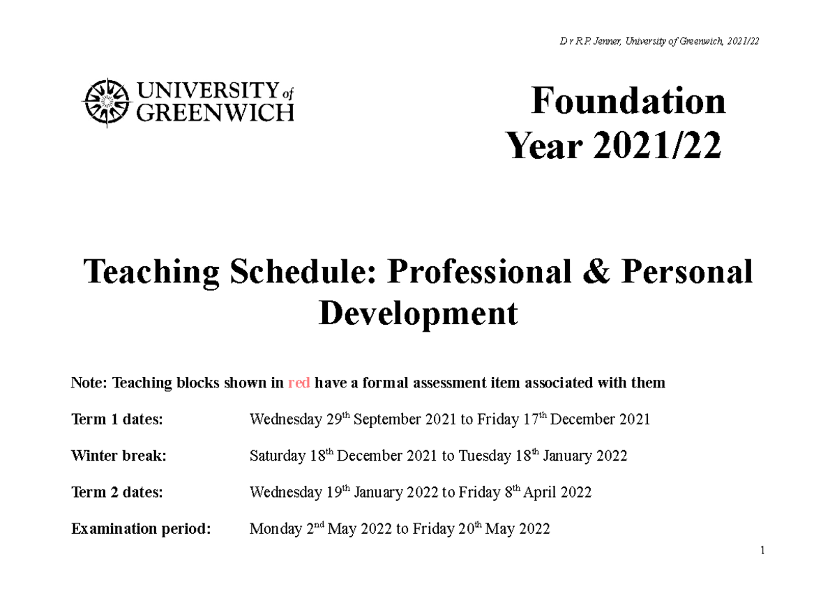 Professional & Personal Development Schedule 2021 22 - D r R. Jenner ...